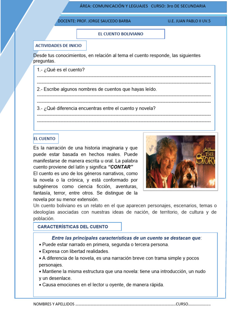 Cartilla 1 JSB El Cuento Boliviano 3ro de Sec. | PDF