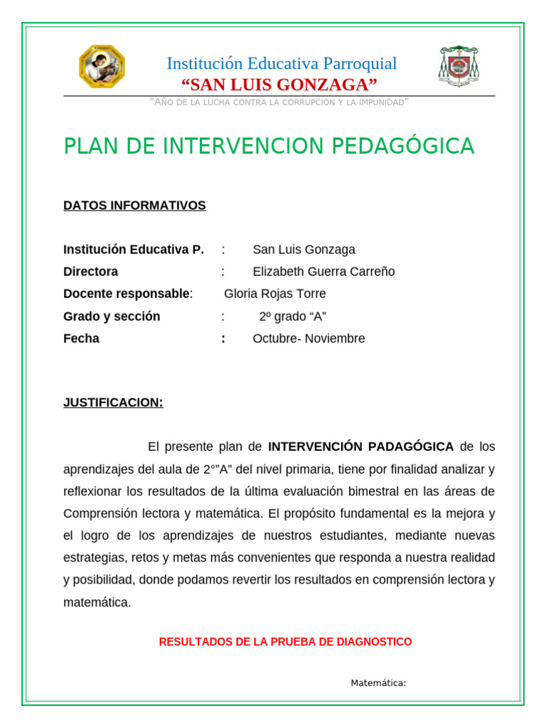 Plan de Intervencion Pedagógica 2019 SLG | PDF