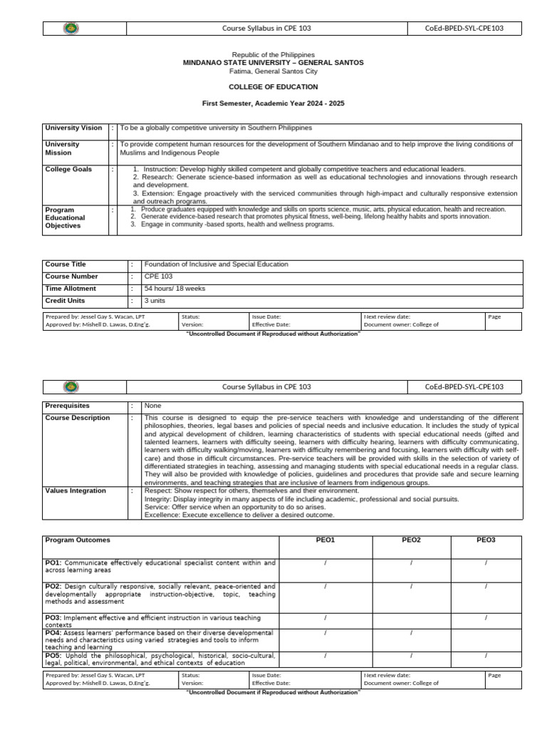 Cpe 103 Syllabus Final | PDF | Learning | Mental Health Cpe 103 Syllabus Final | PDF | Learning | Mental Health