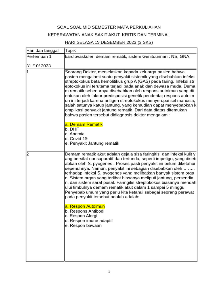 Soal Dan Jawaban UTS Kep Anak | PDF