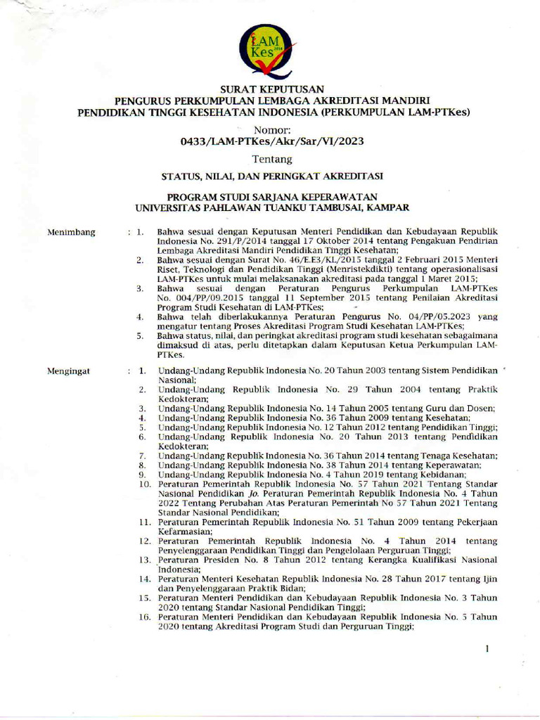 SK Akreditasi Prodi S1 Keperawatan Tahun 2023 | PDF