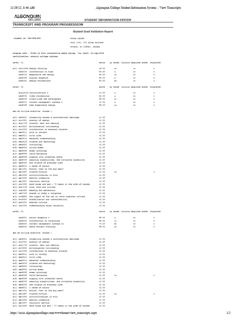 Algonquin College Student Information System __ View Transcripts | PDF