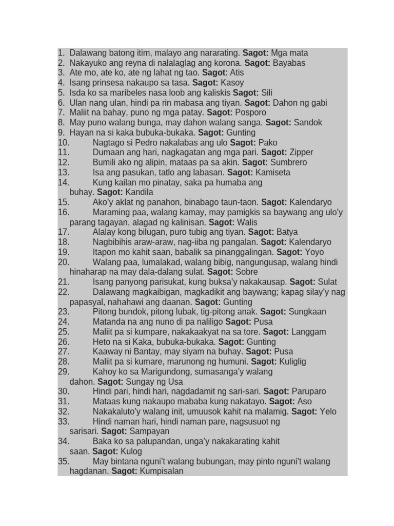 Dalawang Batong Itim Bugtong | PDF