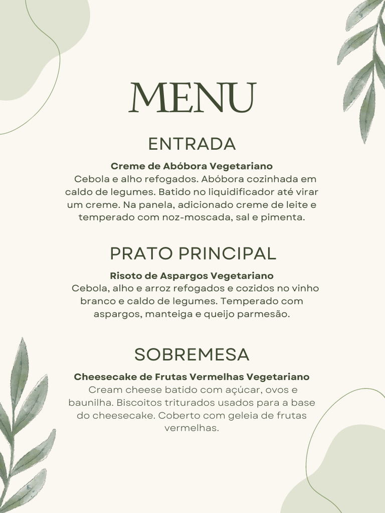 Menu Vegetariano com Risoto e Creme | PDF