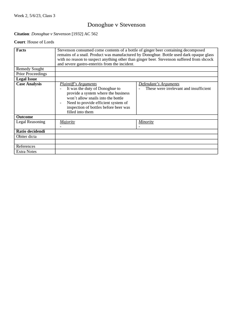 Donoghue v Stevenson Case Summary | PDF