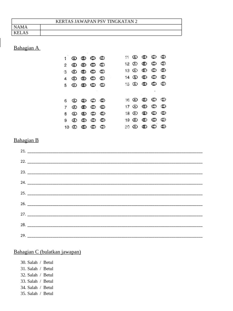 Kertas Jawapan PSV SEM 2 2020 F2 | PDF
