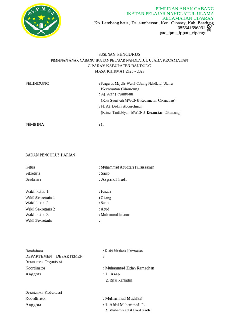 Susunan Pengurus Ipnu Cikancung 2024-2 | PDF
