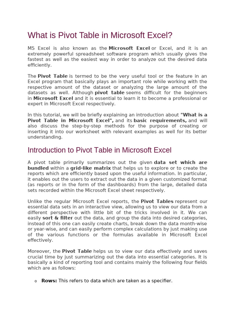 What Is Pivot Table in Microsoft Excel | PDF