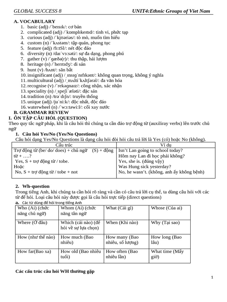 Bài tập bổ trợ anh 8 Global UNIT 4 (TV + NP) | PDF