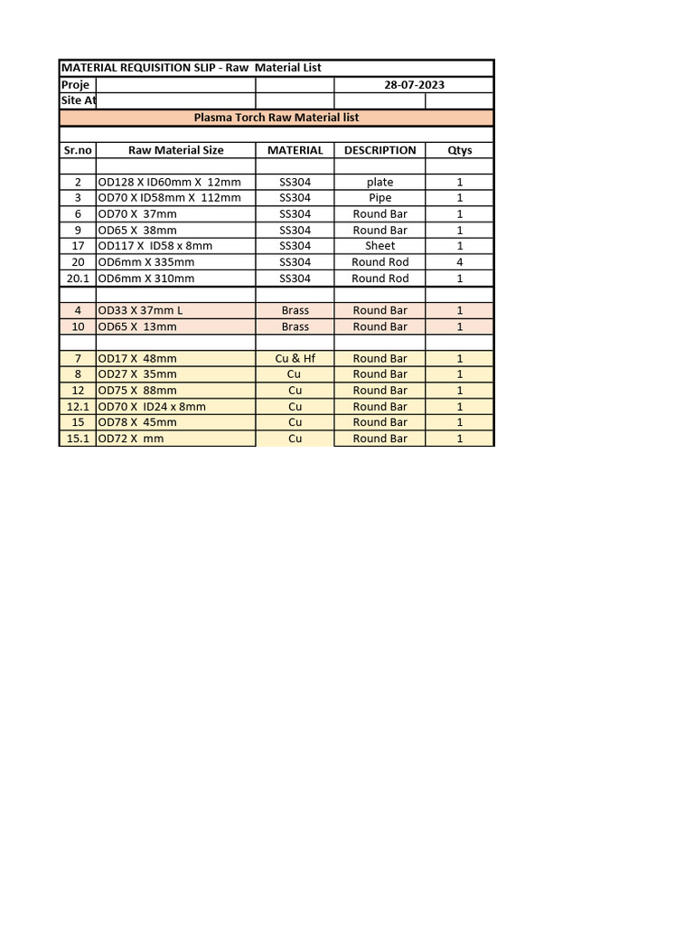 Plasma Torch Material List (SS304, Brass, Cu) | PDF