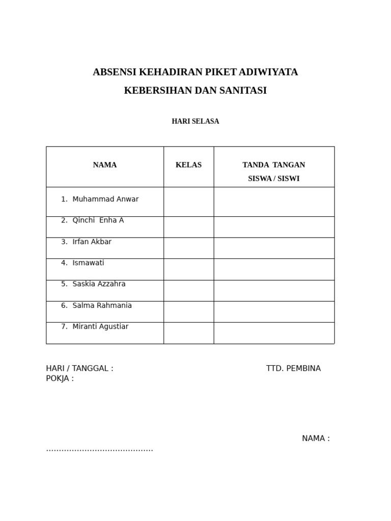 Absensi Piket Adiwiyata Kebersihan | PDF