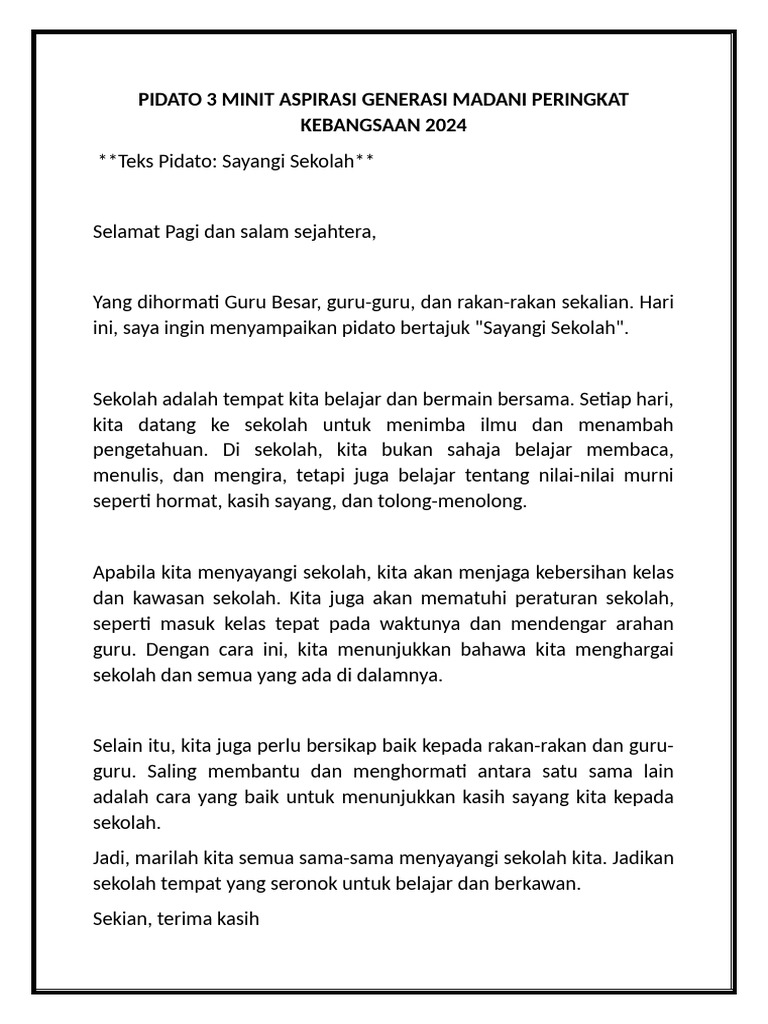 Pidato 3 Minit Aspirasi Generasi Madani Peringkat Kebangsaan 2024 | PDF