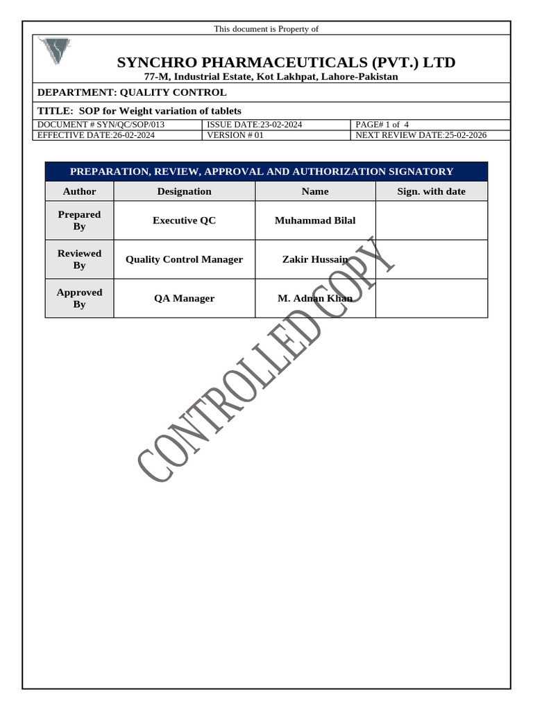 013 SOP For Weight Variation of Tablets | PDF