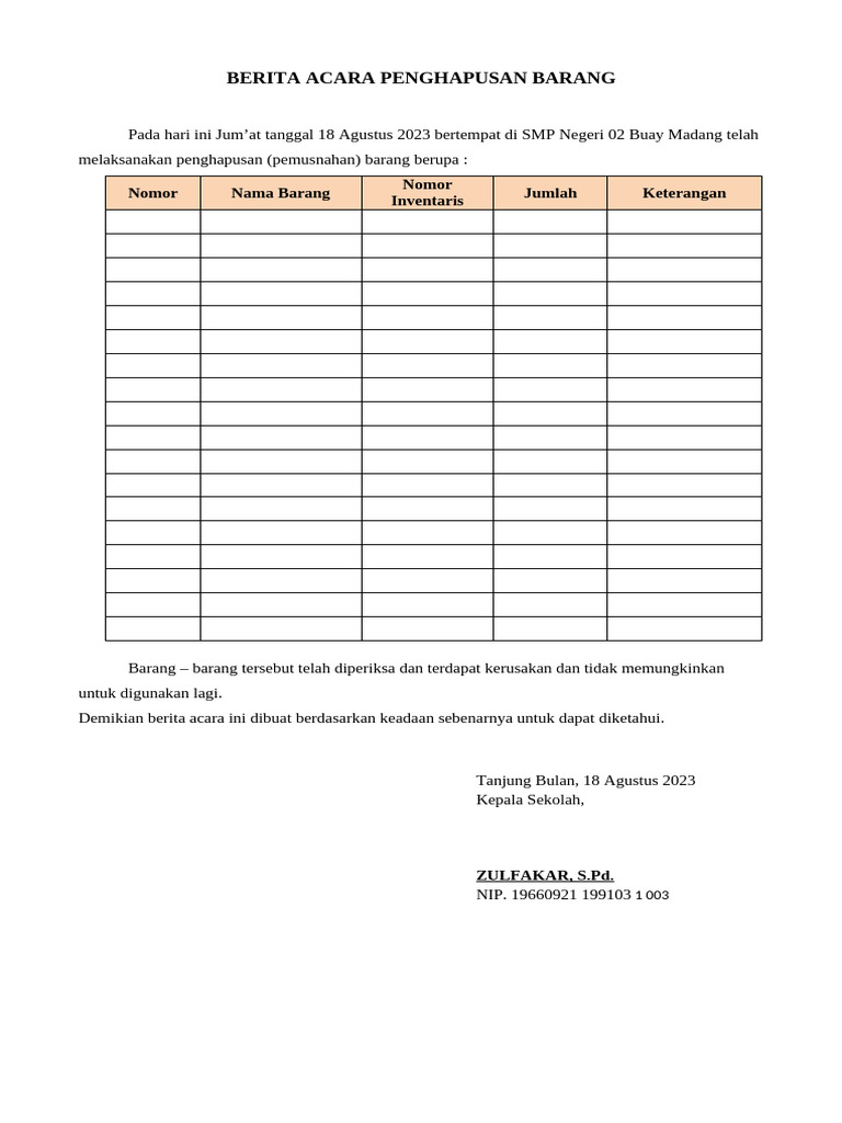 Berita Acara Penghapusan Barang | PDF