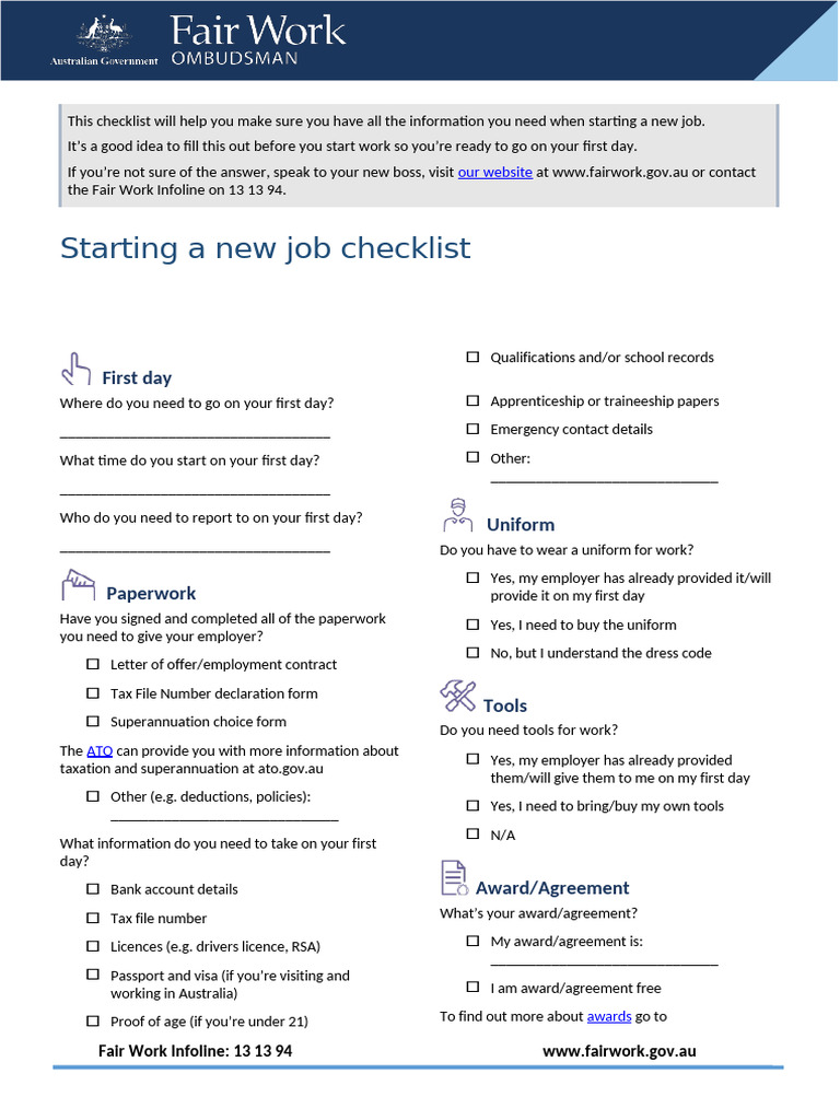 Starting A New Job Checklist | PDF
