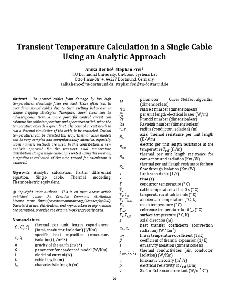 Transient Temperature Calculation in A Single Cable Using An Analytic ...