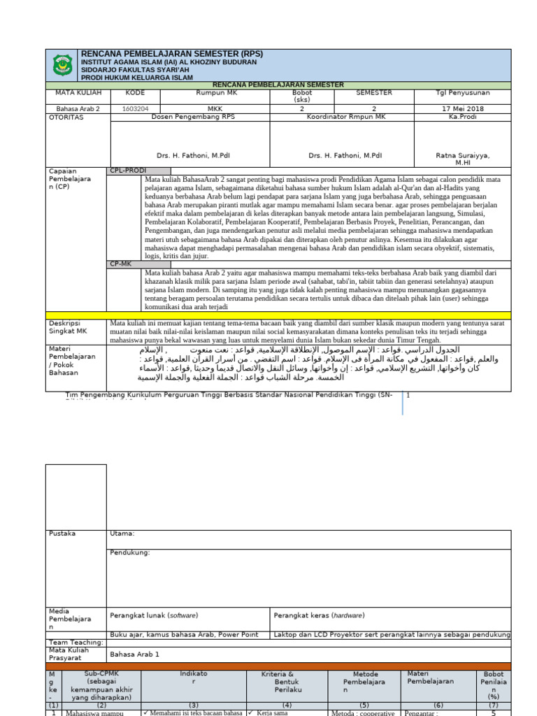 RPS Bhs Arab 2 Ekos 18 - 19 | PDF