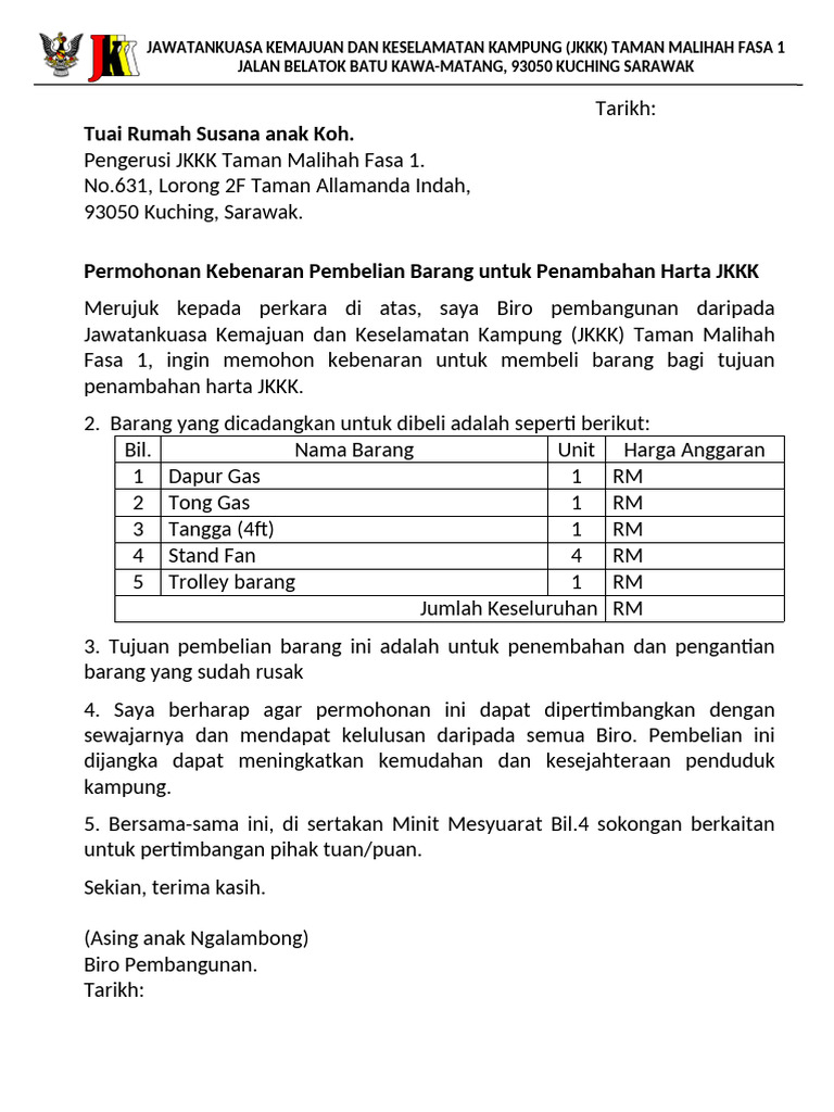 Permohonan Kebenaran Pembelian Barang Untuk Penambahan Harta JKKK | PDF