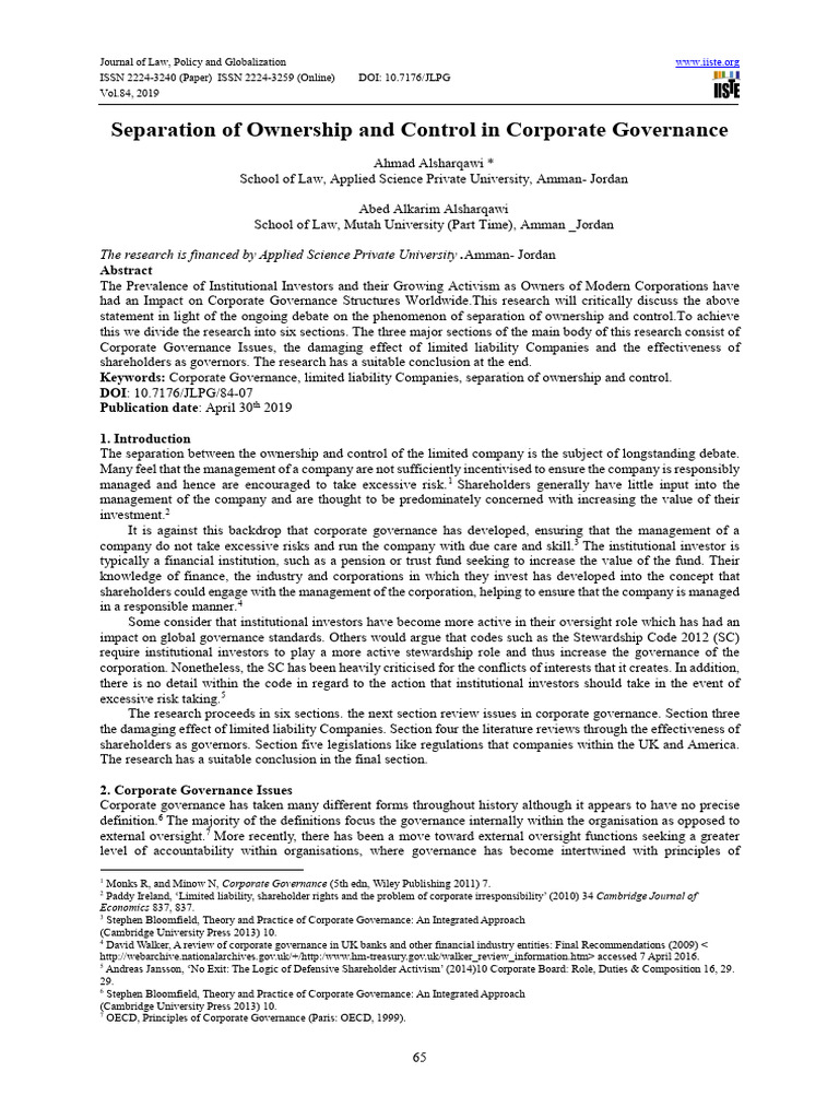 Separation of Ownership and Control in Corporate Governance | PDF