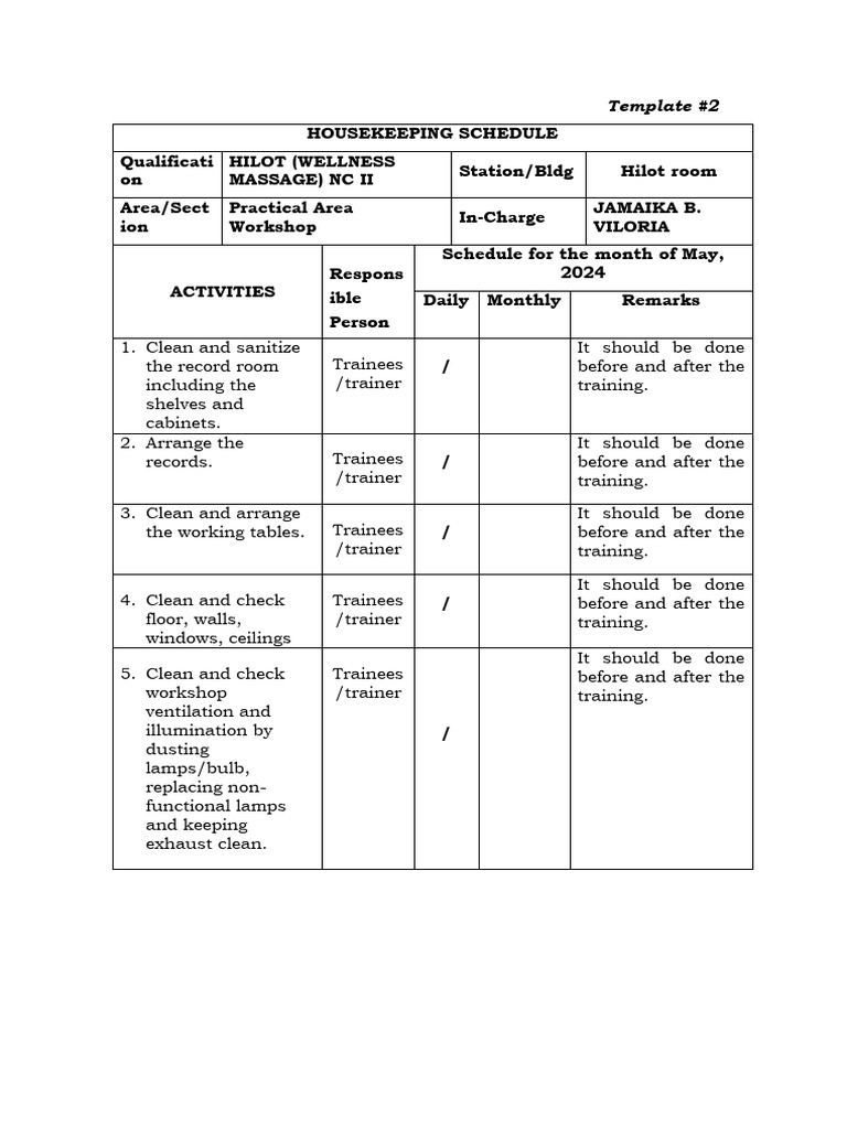 Template 2 and 3. Workshop Housekeeping Schedule | PDF