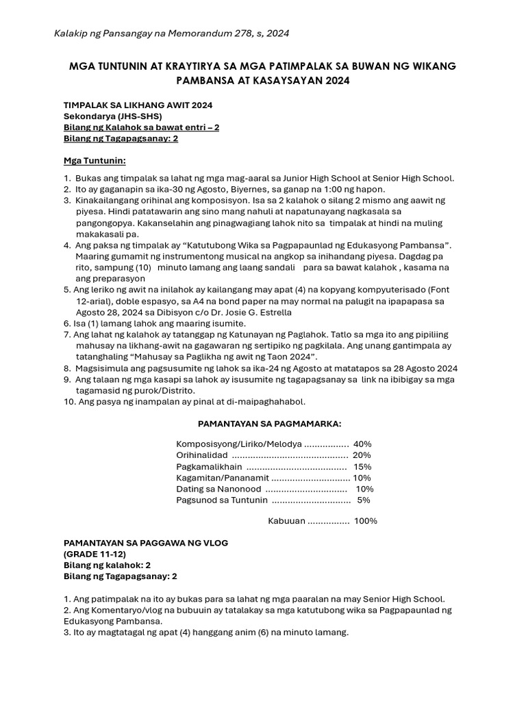 Mga Tuntunin at Kraytirya Sa Mga Patimpalak Sa Buwan NG Wikang Pambansa ...
