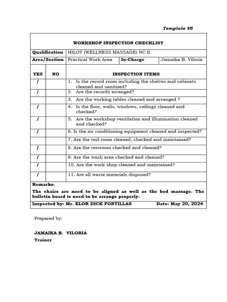 Template 6. Workshop Inspection Checklist | PDF