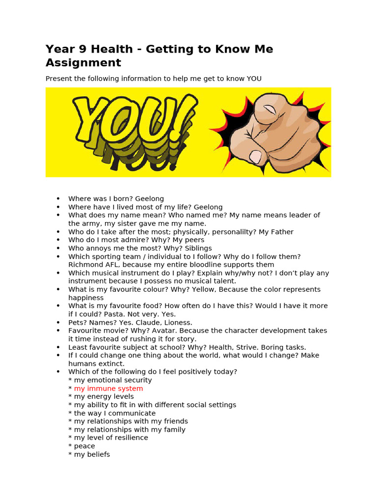 Year 9 Health Getting To Know Me Assignment | PDF