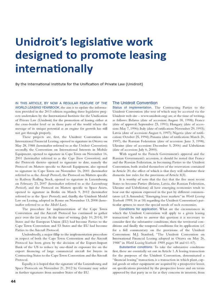 Unidroit S LEGISLATIVE WORK DESIGNED TO PROMOTE LEASING | PDF