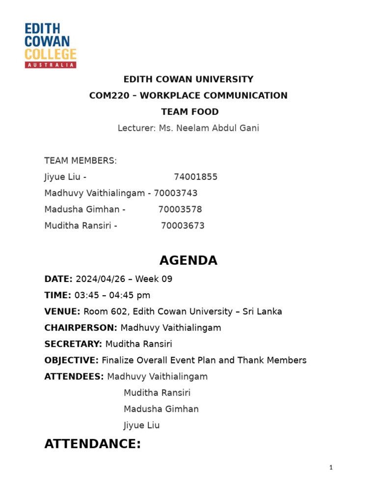 COM220 - Workplace Communication - Team Food - Agenda W9 - Madhuvy ...