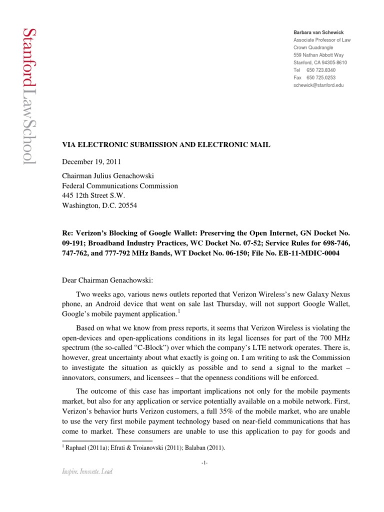 Van Schewick Letter To FCC Verizon Google Wallet | PDF | Net Neutrality ...