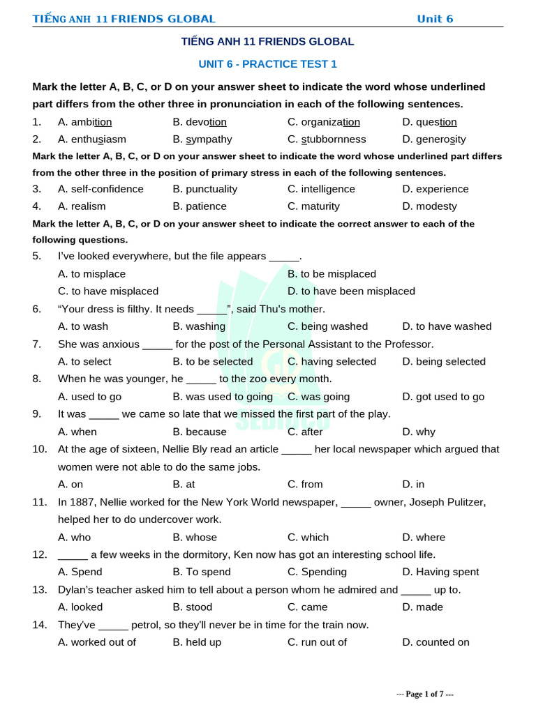 Tieng Anh 11 Friends Global - Unit 6 - Test 1 | PDF