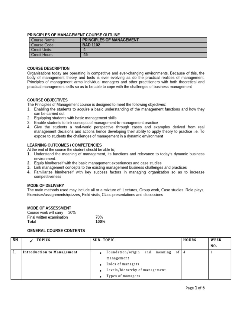 Principles of Management Course Outline | PDF