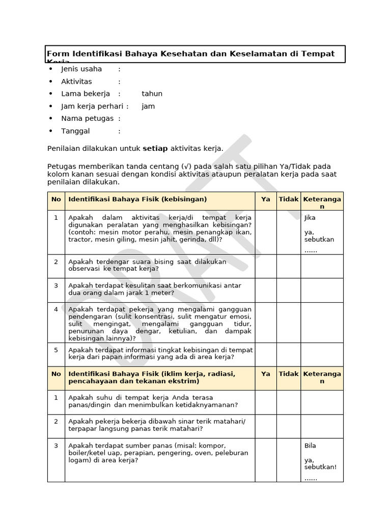 Form Identifikasi Bahaya Kesehatan Dan Keselamatan Di Tempat Kerja ...