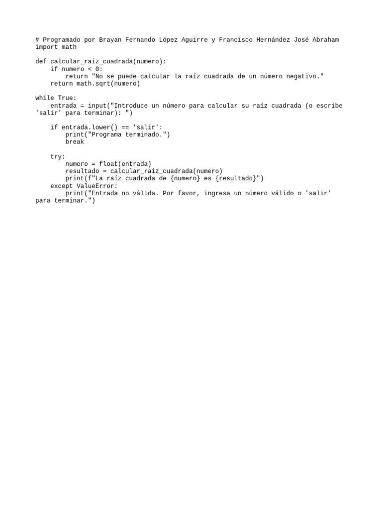 Programa en Python para Calcular Raiz Cuadrada | PDF Programa en Python para Calcular Raiz Cuadrada | PDF