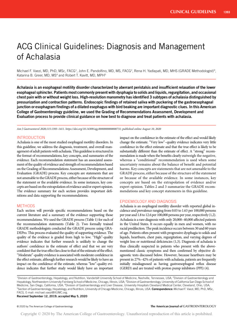 Acg - Clinical - Guidelines - Diagnosis - and - Management. ACALASIA | PDF