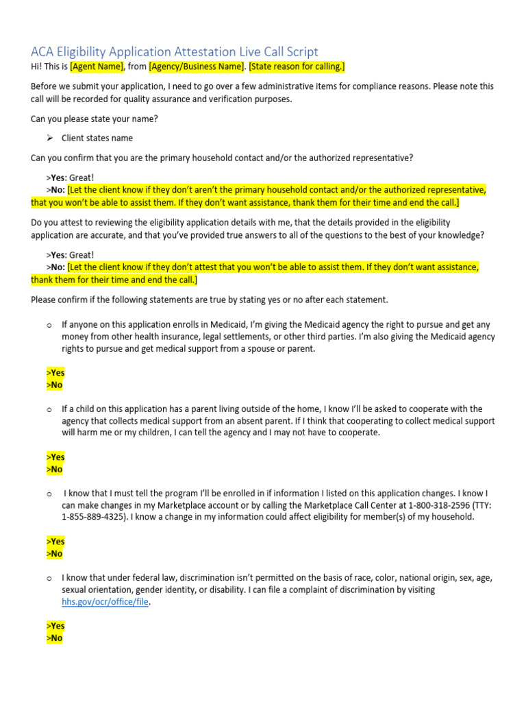 Aca Consumer Eligibility Application Attestation Live Call Script | PDF