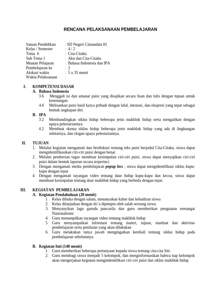 RPP Model Kelas 4 Tema 6 | PDF