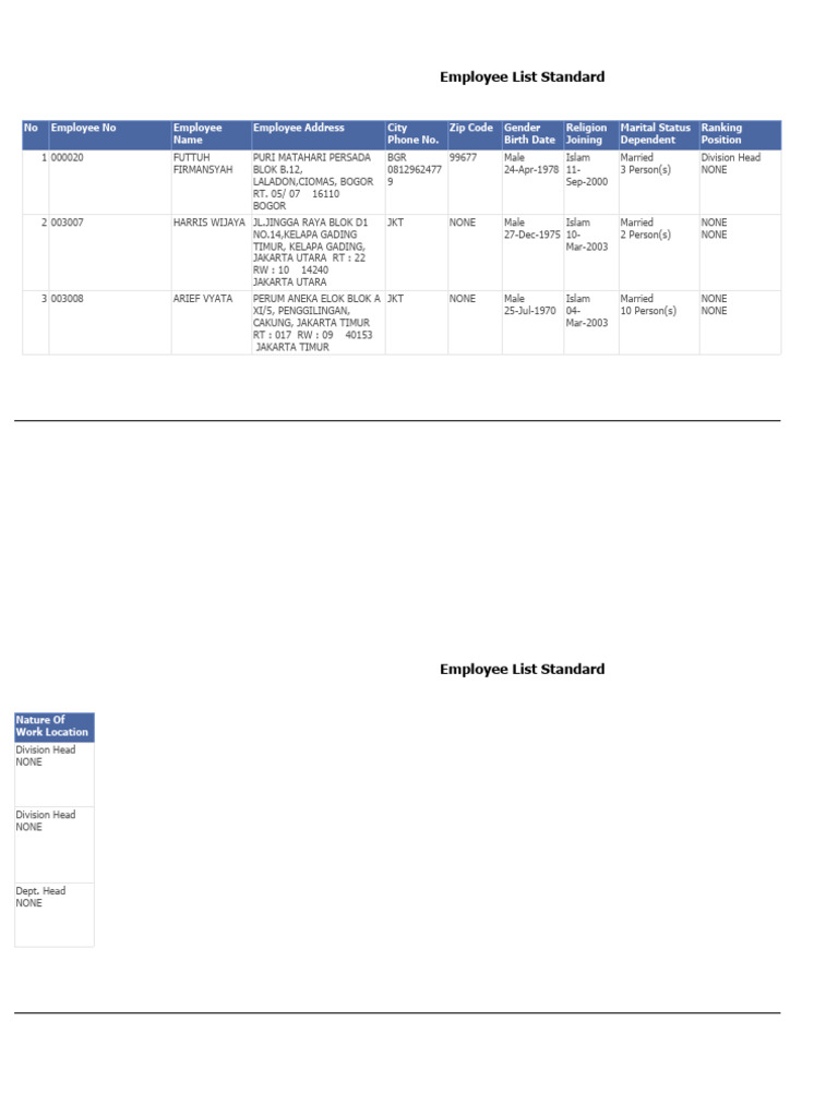 Report List of Employee Standard | PDF