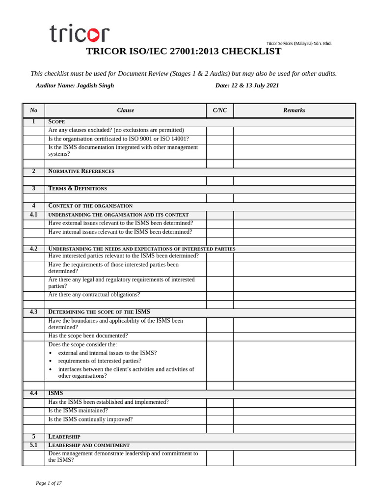 ISO 27001 2013 Checklist | PDF