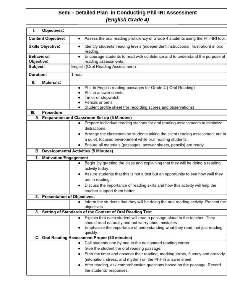 Detailed Lesson Plan For Phil Iri English Grade 4 PINGGOY | PDF