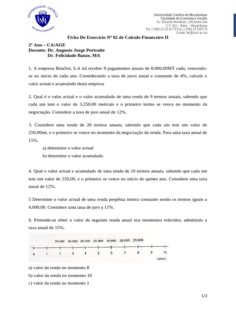 Ficha de Exercicio 2 - Calculo Financeiro Ii - 122345 | PDF