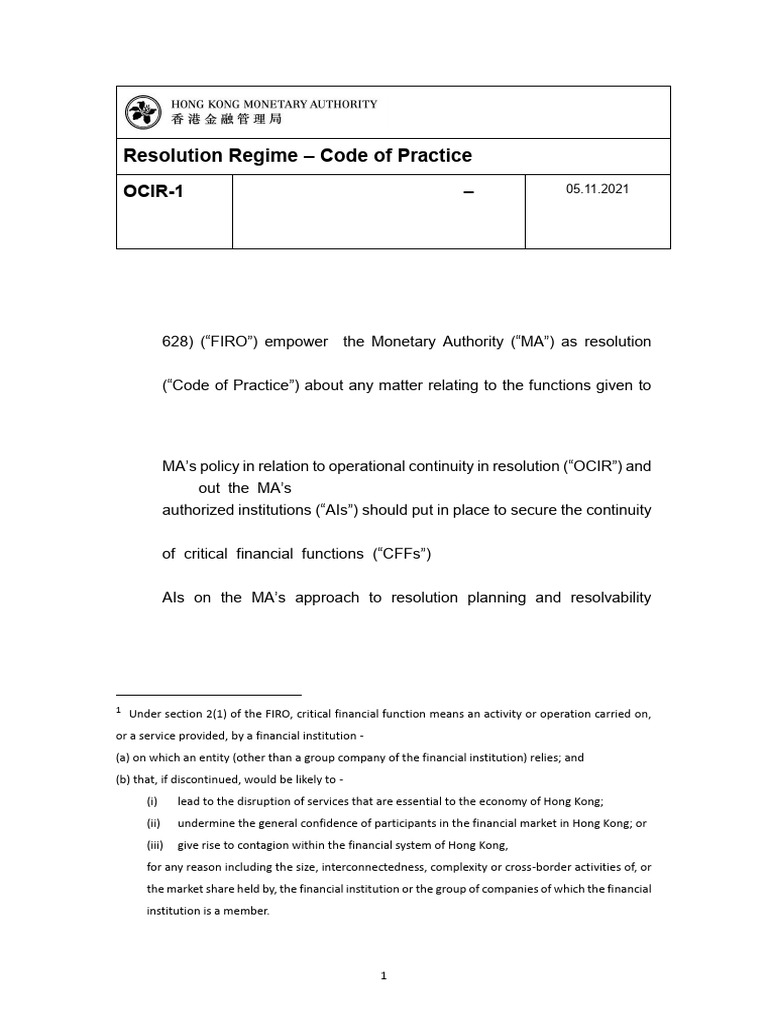 OCIR-1 Operational Continuity in Resolution | PDF