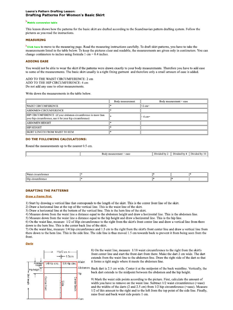 Drafting Patterns For Women's Basic Skirt | PDF