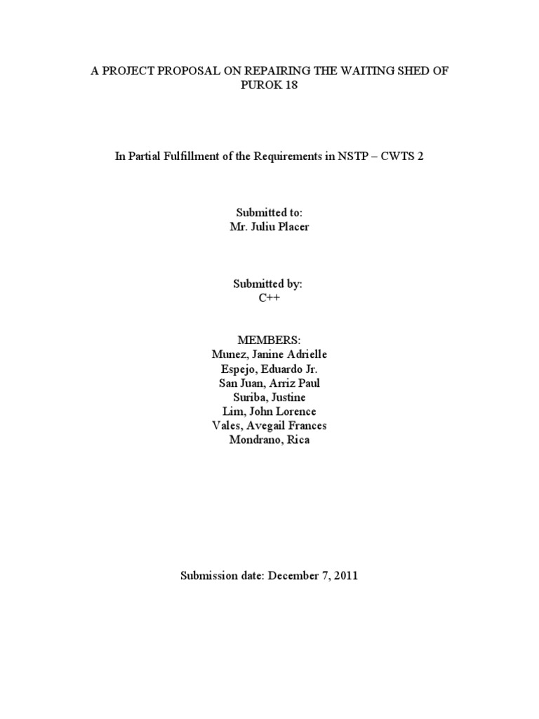 A Project Proposal On Repairing The Waiting Shed of Purok 18 | PDF ...