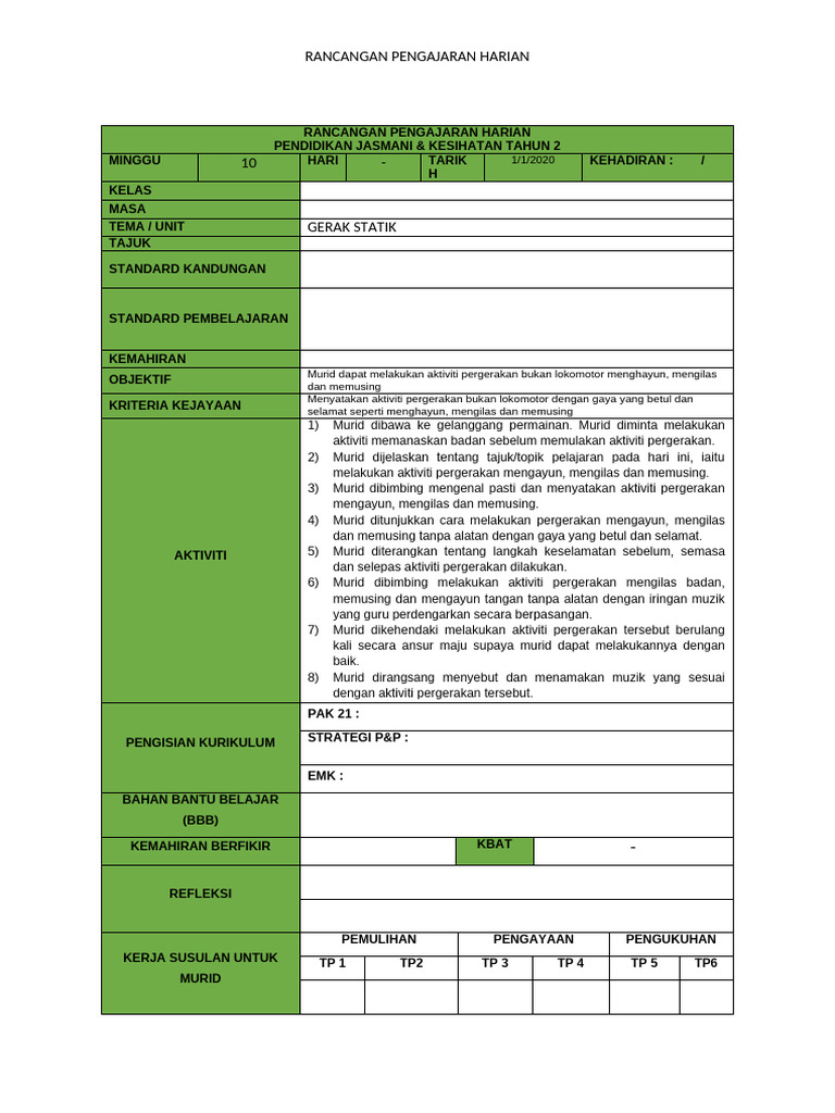 RPH PJK Tahun 2 Unit 2 Gerak Statik | PDF