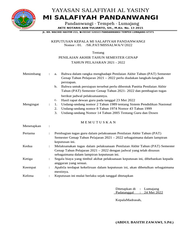 SK Panitia Ujian Pat Genap 2022 | PDF