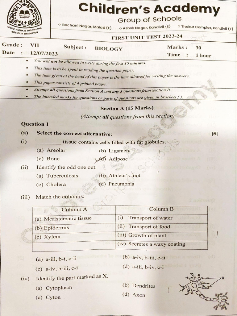 Biology-Unit Test 1 - Grade 7 | PDF