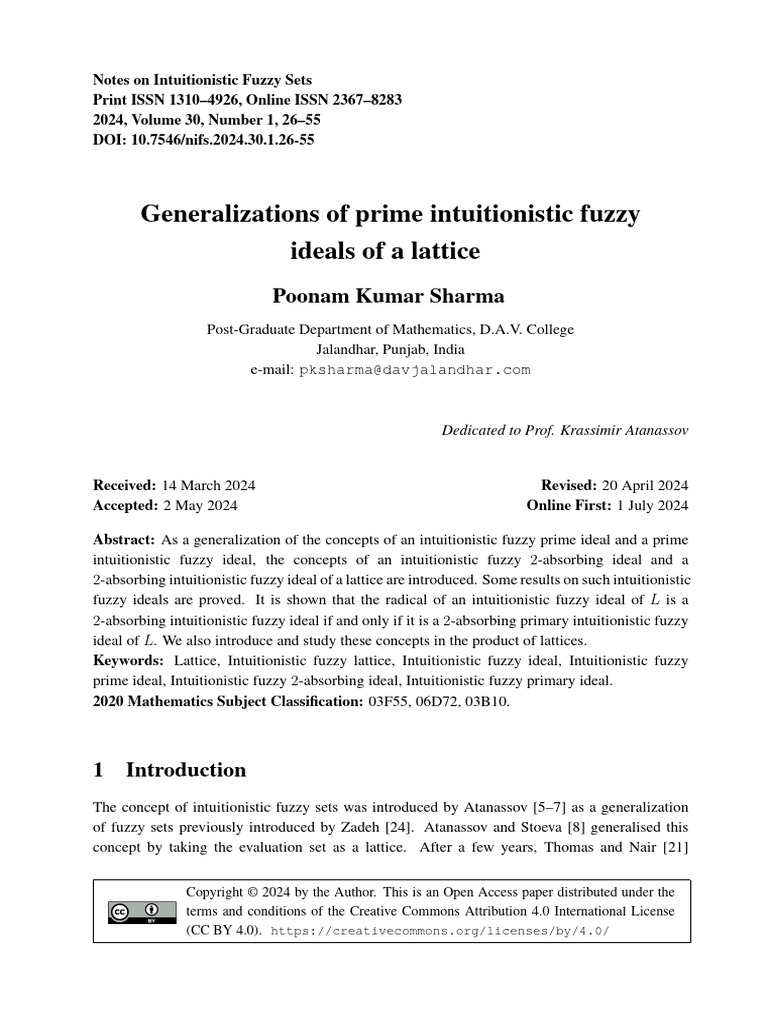 Generalizations of Prime Intuitionistic Fuzzy Ideals of A Lattice (2024) | PDF