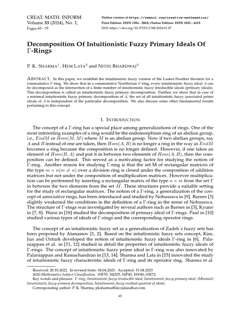 Decomposition of Intuitionistic Fuzzy Primary Ideals of Gamma-Rings (2024) | PDF