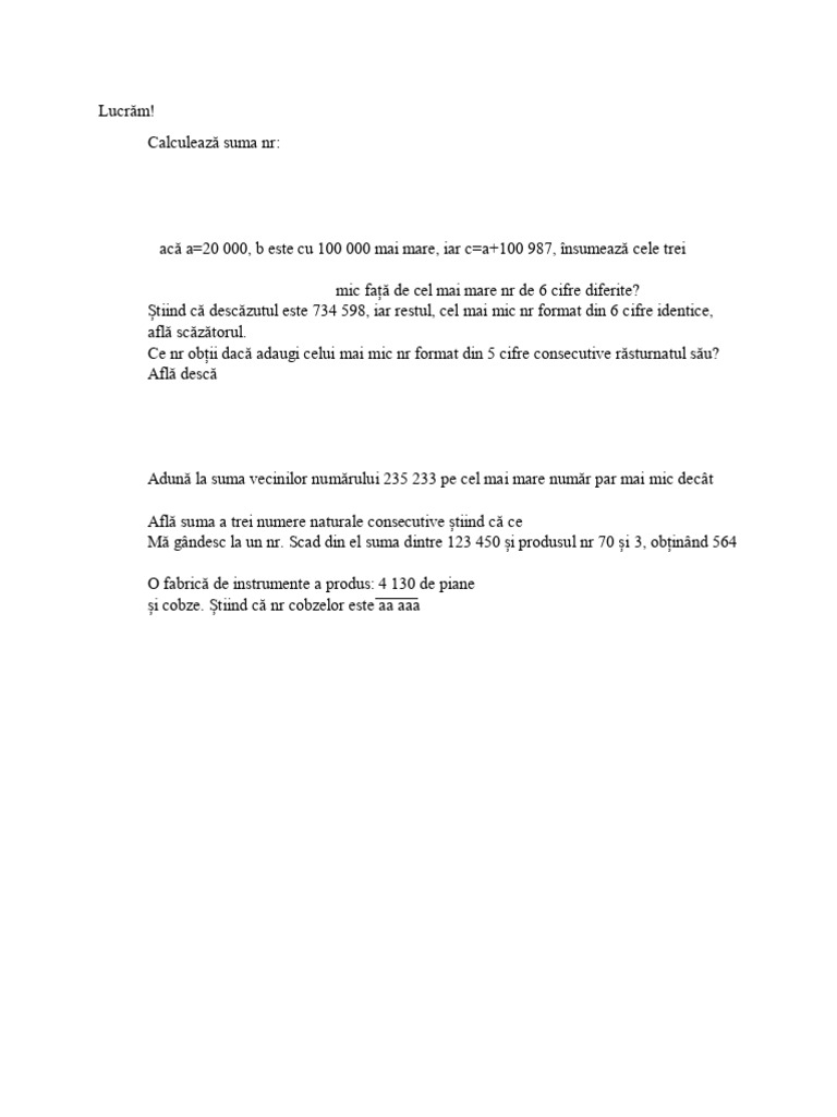 Adunarea Si Scaderea NR 0 1000 000 Fara Trecere Peste Ordin. | PDF